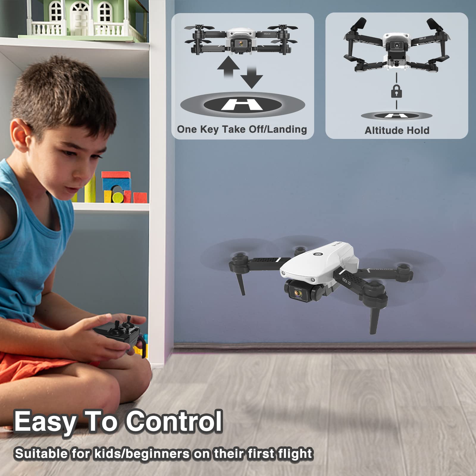 le-idea Mini Drone with Camera, 2 Cameras IDEA10 FPV Drones 720P HD, Foldable RC Quadcopters with Optical Flow Positioning Helicopter for Beginners, 3D Flips, 2 Batteries