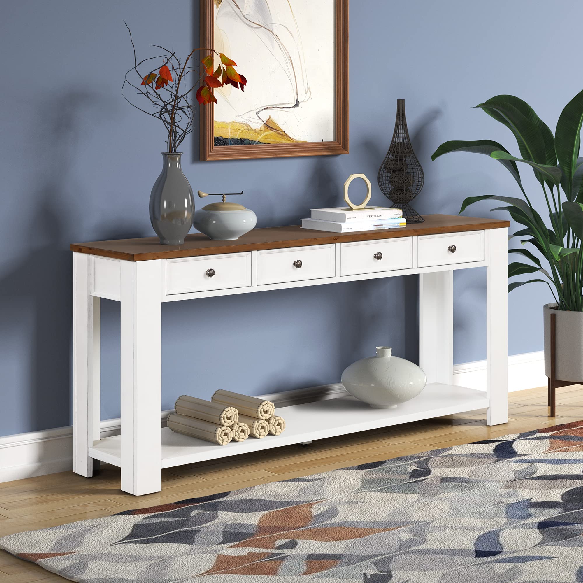 Lecafur HL 64" Entryway Console Table with 4 Drawers and Bottom Shelf Rustic Farmhouse Solid Wood Entryway Table Extra Long Sofa Table for Living Room Hallway Bedroom Foyer(Antique White+ Brown Top)