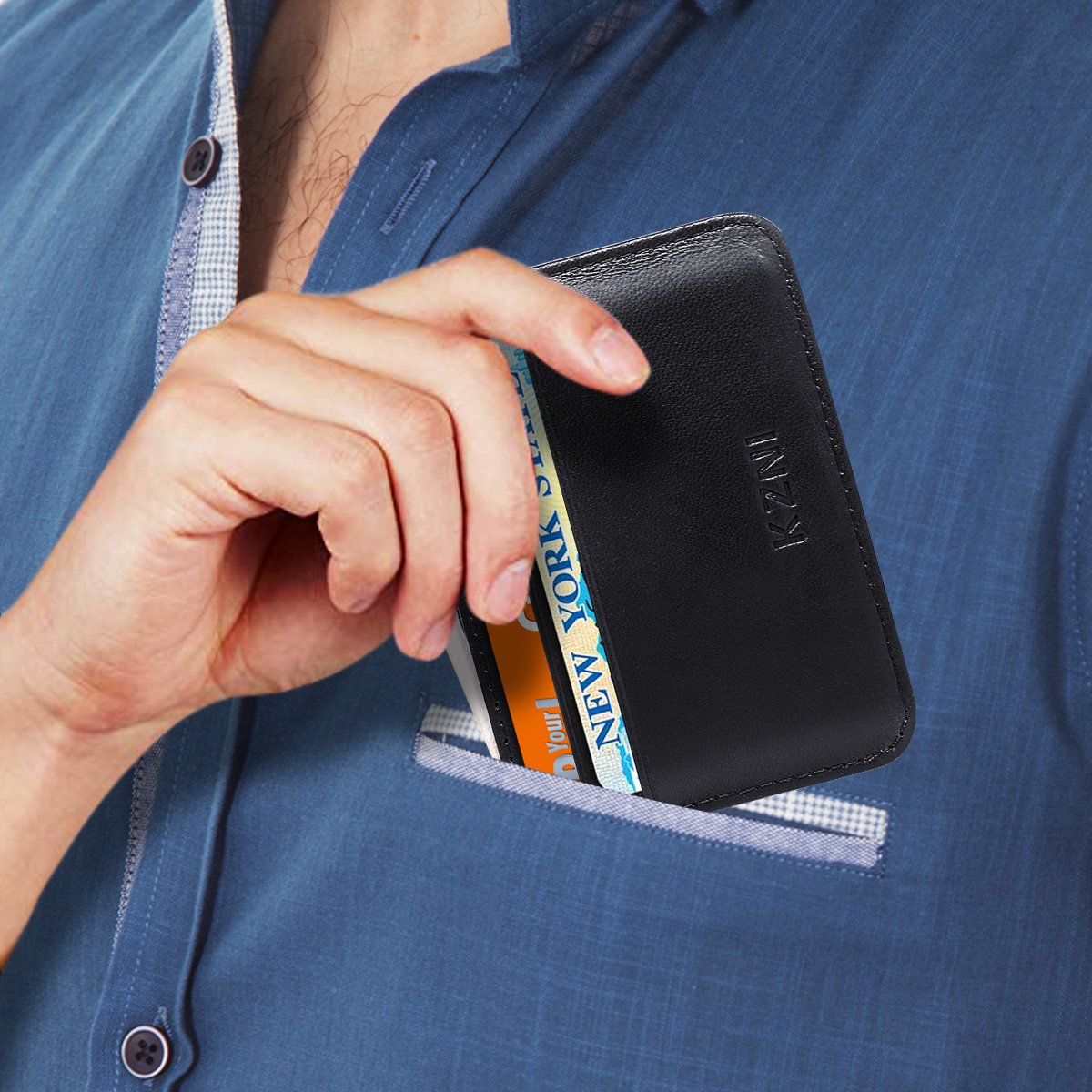 KZNI Money Clip, Front Pocket Wallet Credit Card Holder ID Case,Genuine Leather Slim Wallet for Men Black Thin Small (Black)