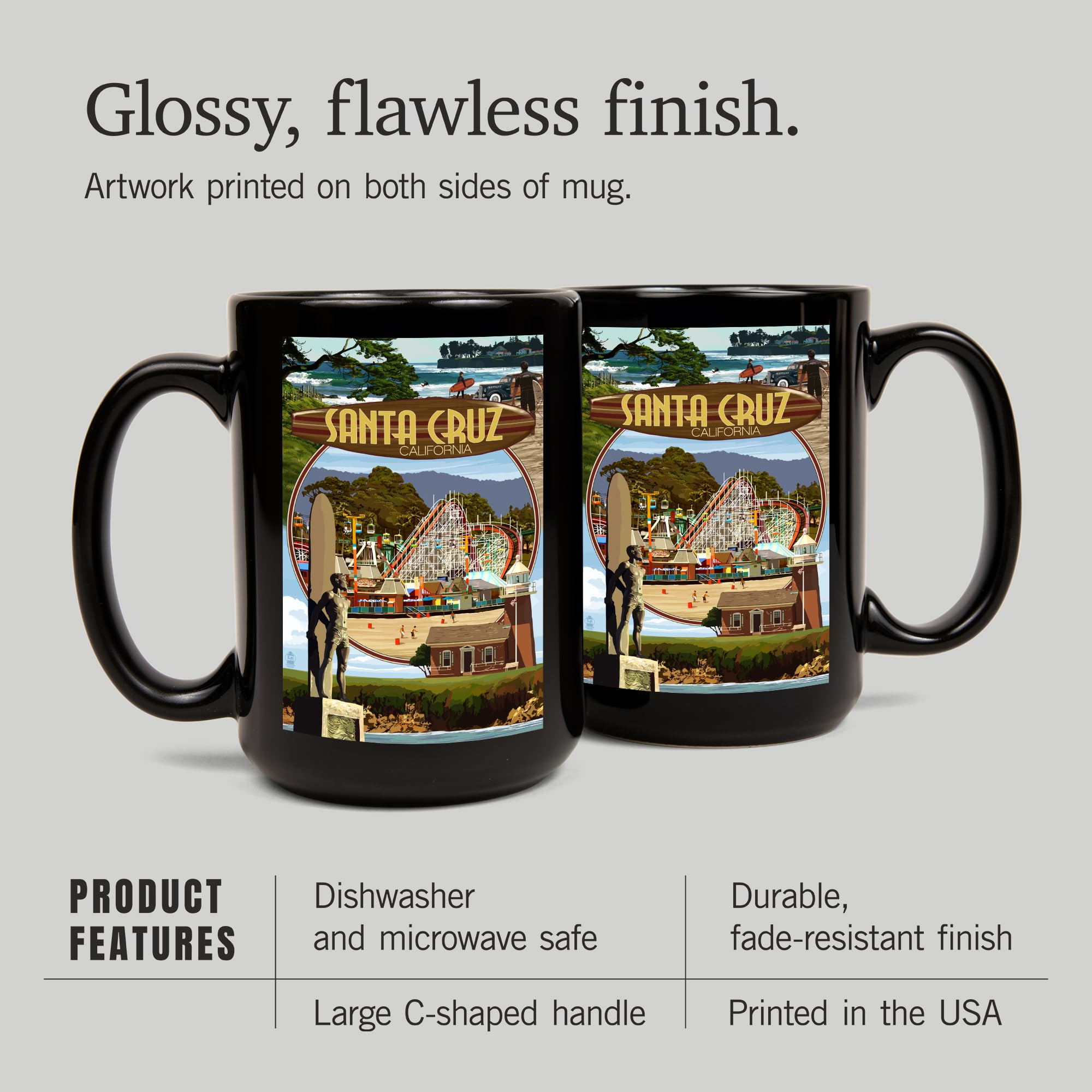 Lantern Press Santa Cruz, California, Scenes Montage (15oz Black Ceramic Coffee and Tea Mug, Dishwasher and Microwave Safe)