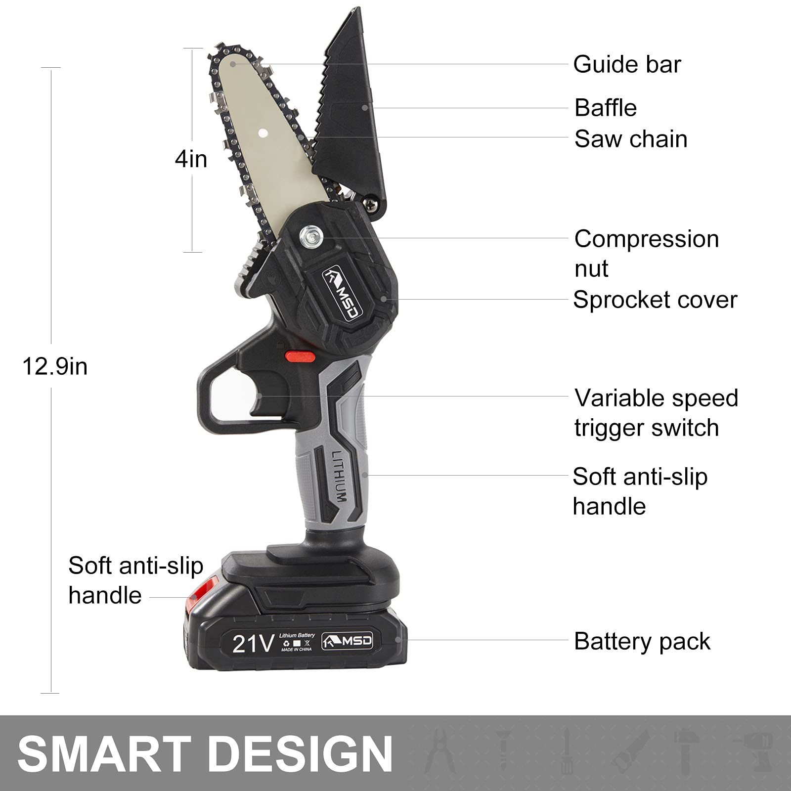 MSD 4 Inch Mini Cordless Chainsaw-Electric Handheld Chainsaw with 2 Replacement Chains, 2 Rechargeable Batteries, One-Handed Portable Chainsaw for Branch Wood Cutting Tree Pruning