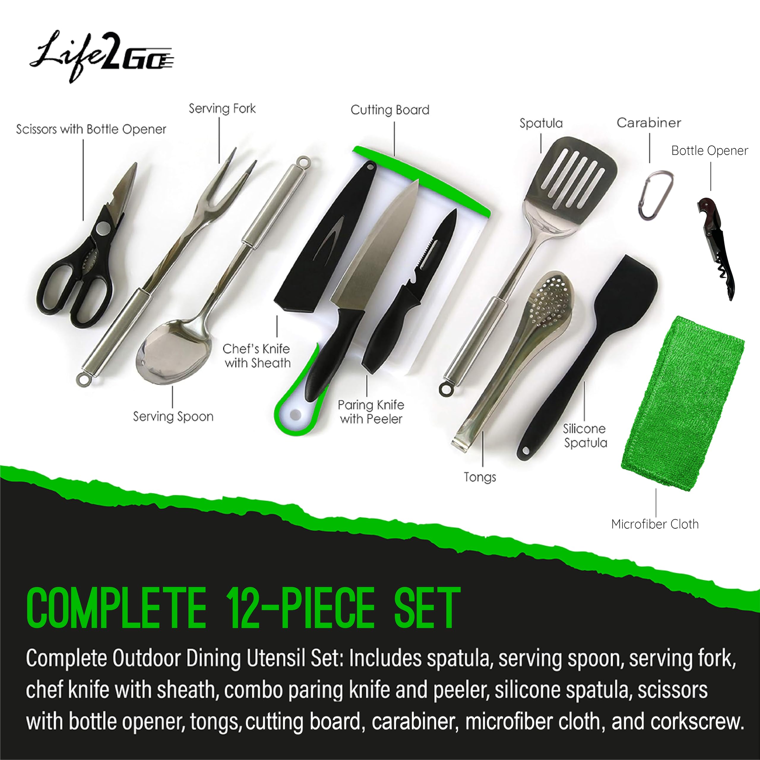 Life 2 Go 10 Pcs Camp Cooking Utensil Set & Outdoor Kitchen Gear Cookware Kit, Portable Compact Carry Case for Camping, Hiking, Travel, BBQ Grilling Stainless Steel Accessories Spoon & Fork, Navy