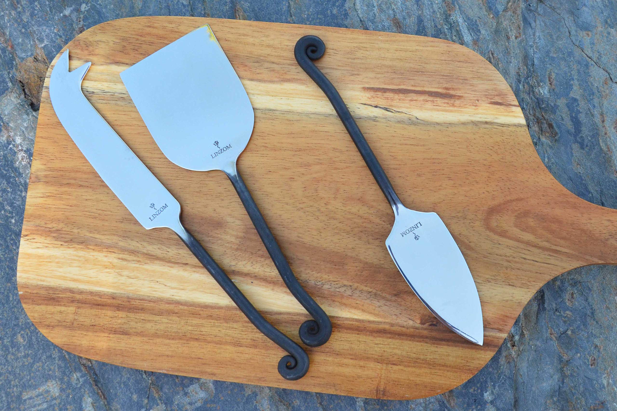 LINZOM Cheese Knife Set, 18/10 Stainless Steel, Hand Forged, Rustic Black, Curled Edge, Set of 3