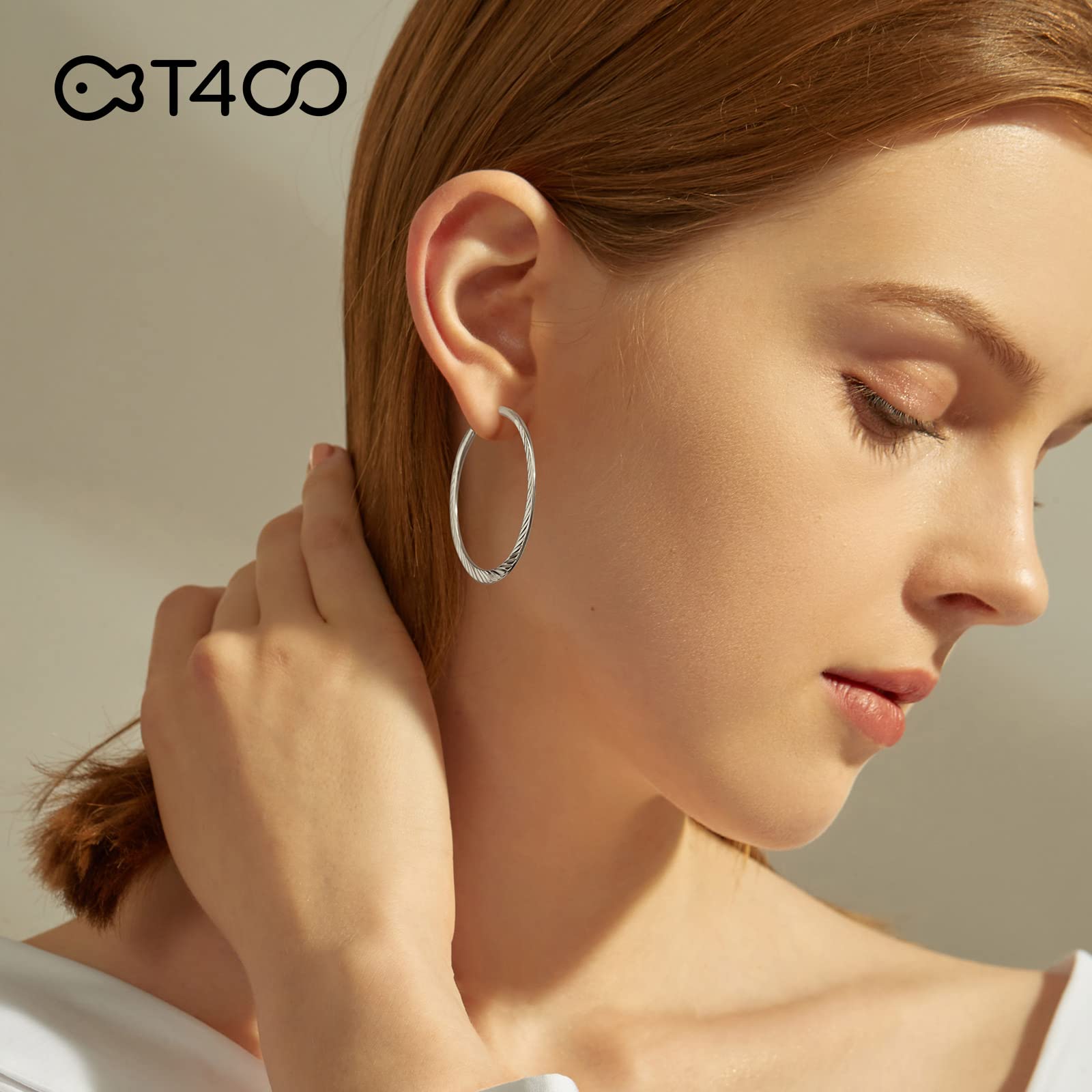 T400 Sterling Silver Hoop Earrings for Women Wide Flat Textured Round Medium Hoops (Diameter 40mm)