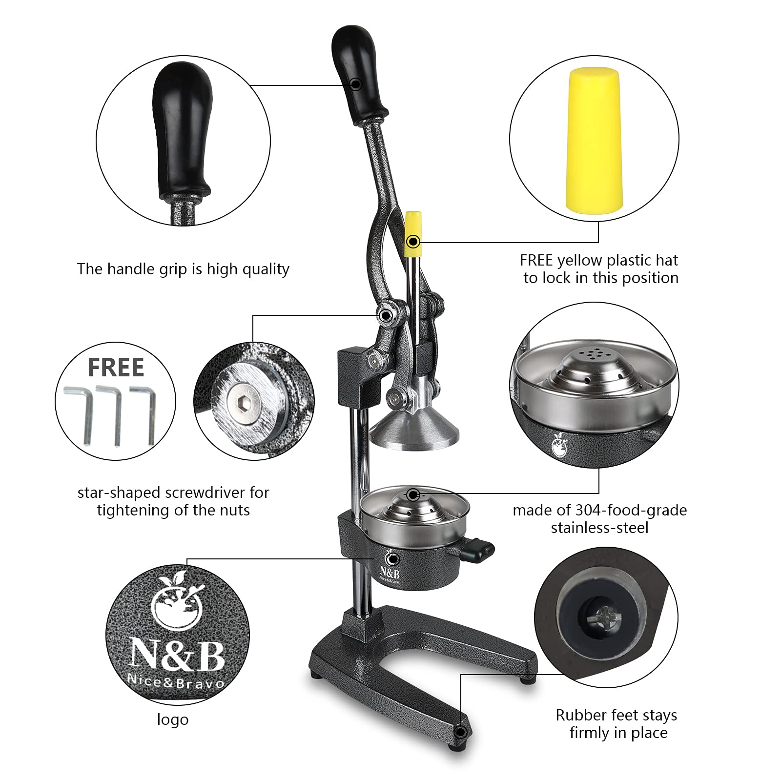 N&B NICE&BRAVO Professional Commercial Grade Hand Juicer,Manual Citrus Press Orange Squeezer Heavy Duty Manual Orange Juicer Metal Lemon Squeezer Premium Quality Upgrade,Grey