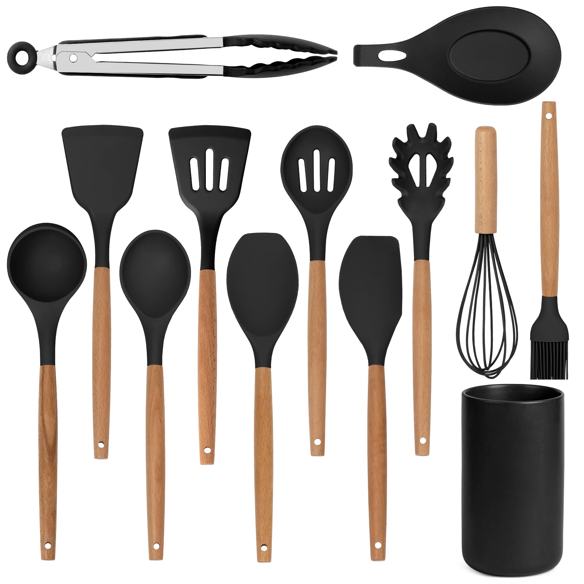 Lanzo Design Kitchen Utensil Set, 13 pcs Non-Stick Silicone Cooking Utensils Spatula Set with Ceramic Holder (Black Holder)