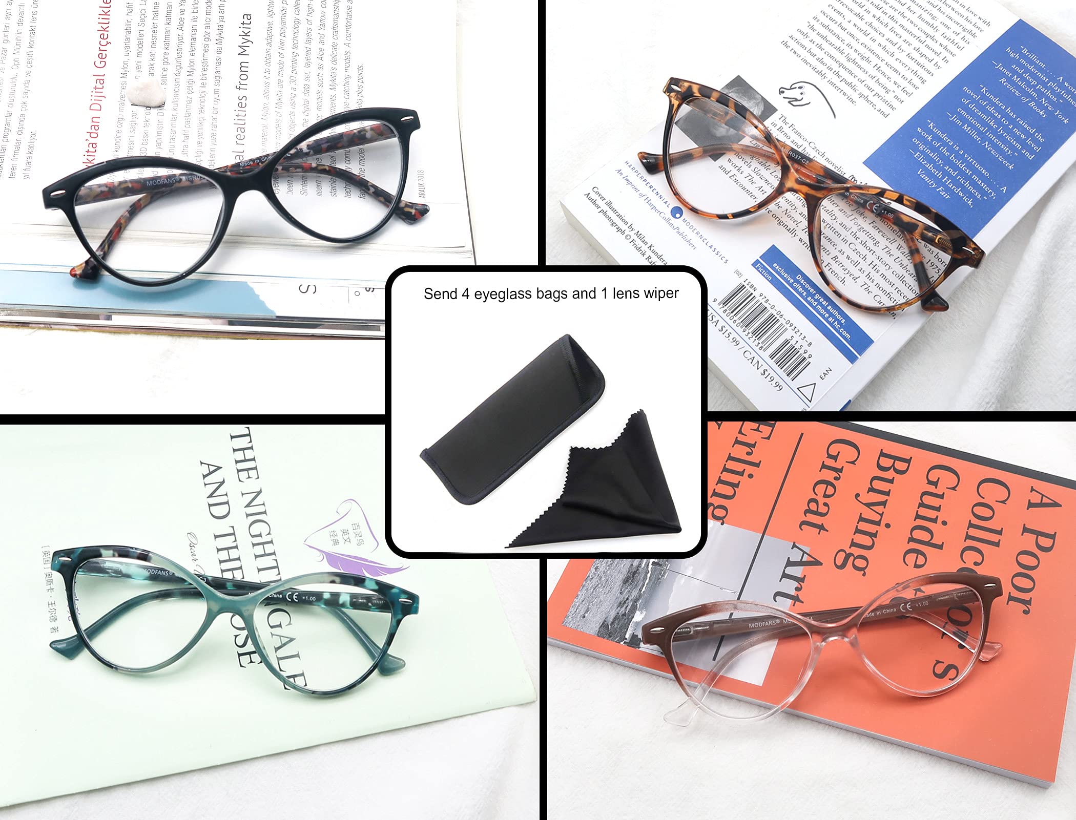 MODFANS 4 Pack Cat Eye 1.5 Reading Glasses for Women,Fashion Ladies Design Comfortable Spring Hinge Stylish 4 Pair Women Readers with 4 Pouch