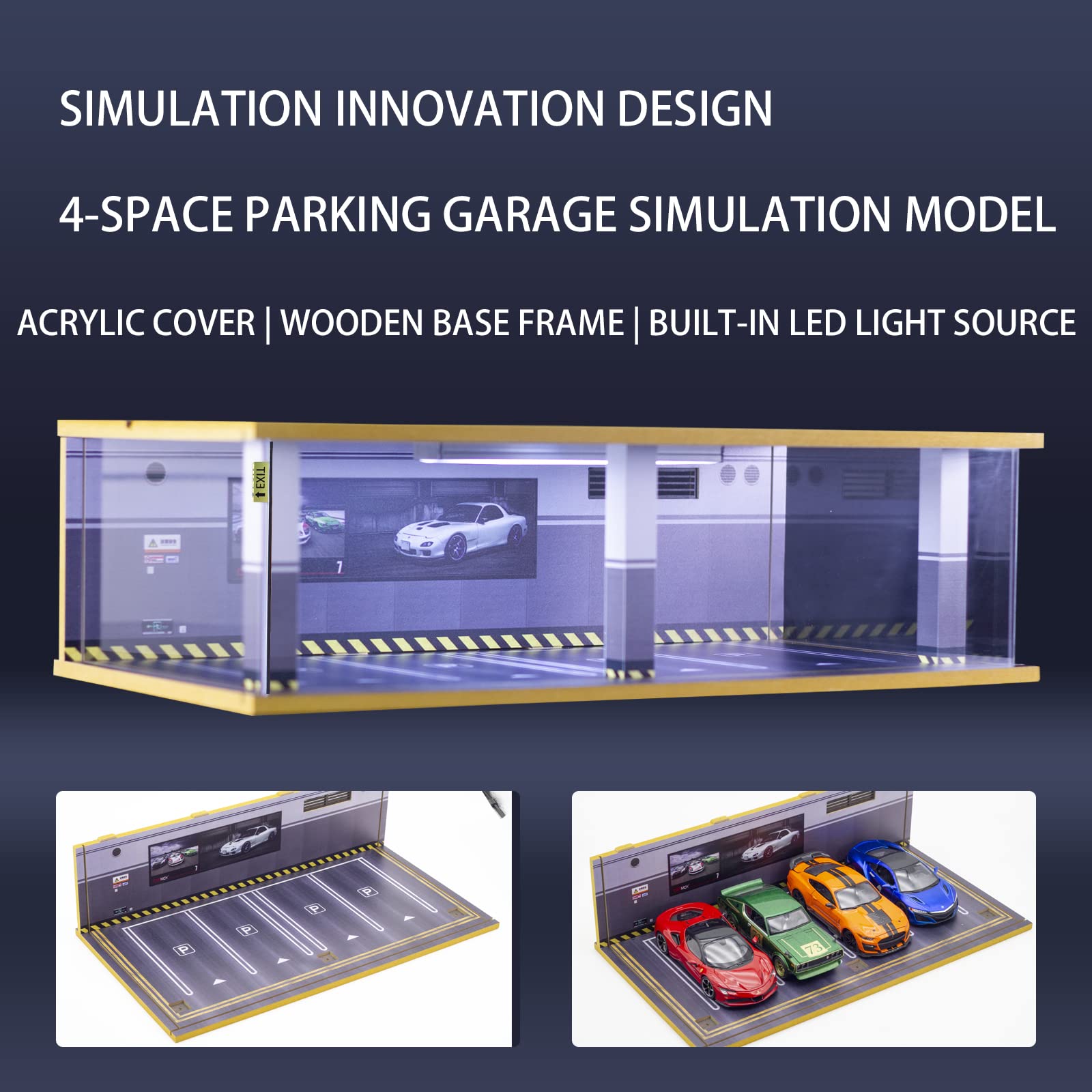 SIKIVOT 1/24 Scale Car Display Case,Car Model Toy with Parking Lot Scene, Die-cast Car Garage Display Case,2 Parking Space Acrylic Toy Garage with LED Light