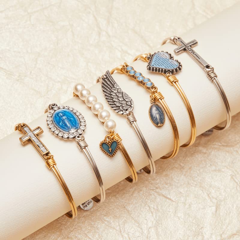 Luca + Danni Crystal Miraculous Bangle Bracelet with Blue Epoxy For Women - Brass Tone Petite Size Made in USA