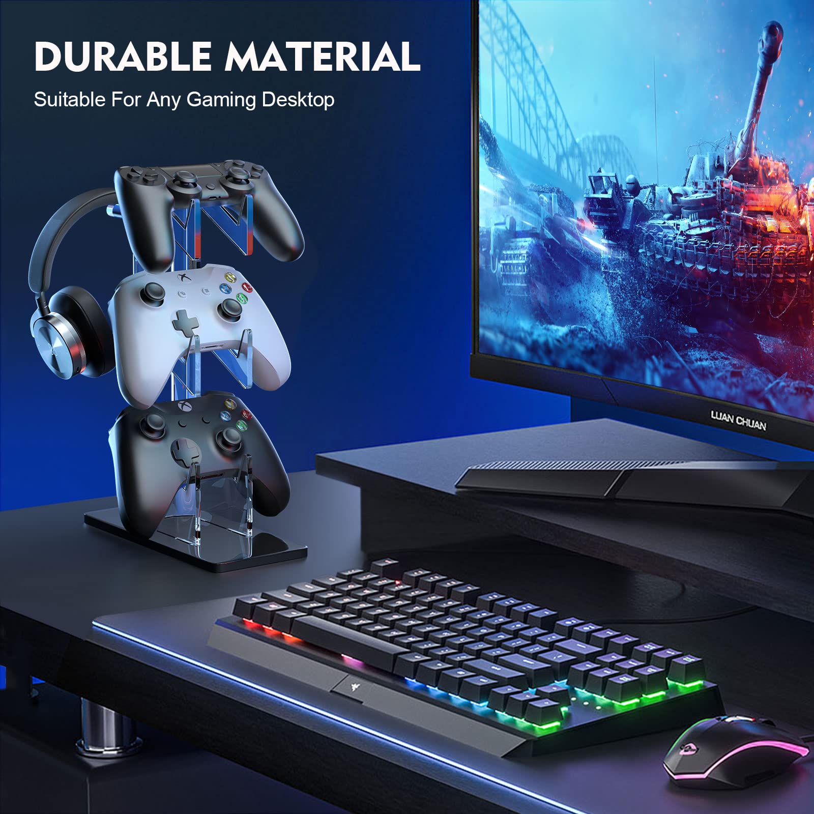 Universal Dual Controller Holder Headset Stand: Game Controller Stand 3 Tier Gamepad Headphone Stand Acrylic Holder Storage Organizer for Xbox Series PS5 PS4
