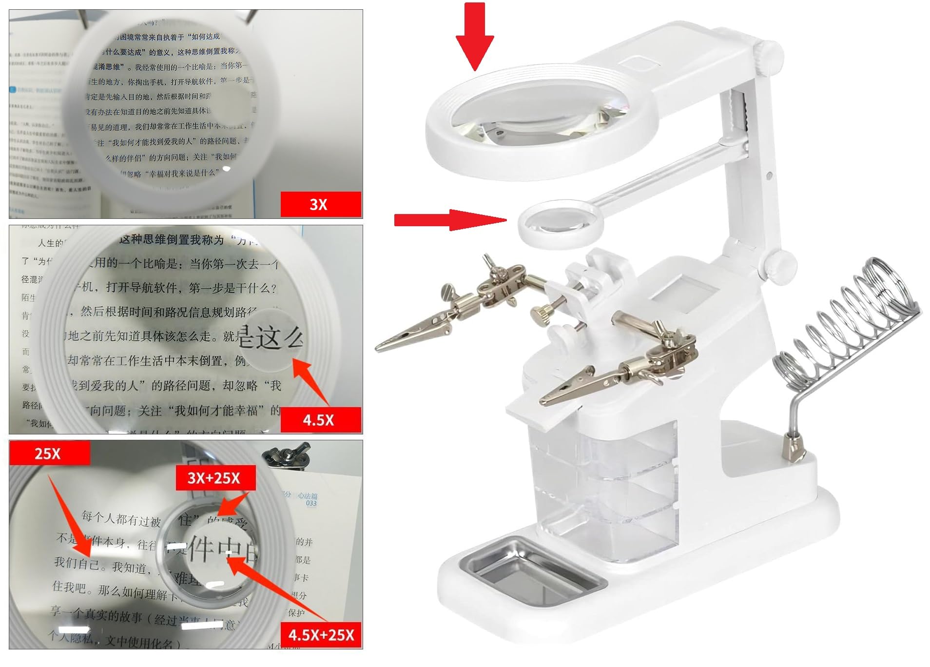 WWZMDiB 3X/4.5X/25X Helping Hands with 10 LED Lights, Tool Organizer, Alligator Clips, Soldering Iron Clips. Suitable for Soldering All Kinds of Tiny Components