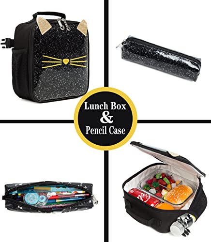 Meetbelify Backpack for Girls Backpacks Kids Sequin Bookbag for Elementary Preschool Student Laptop Bag with Lunch Box 16inch Cat