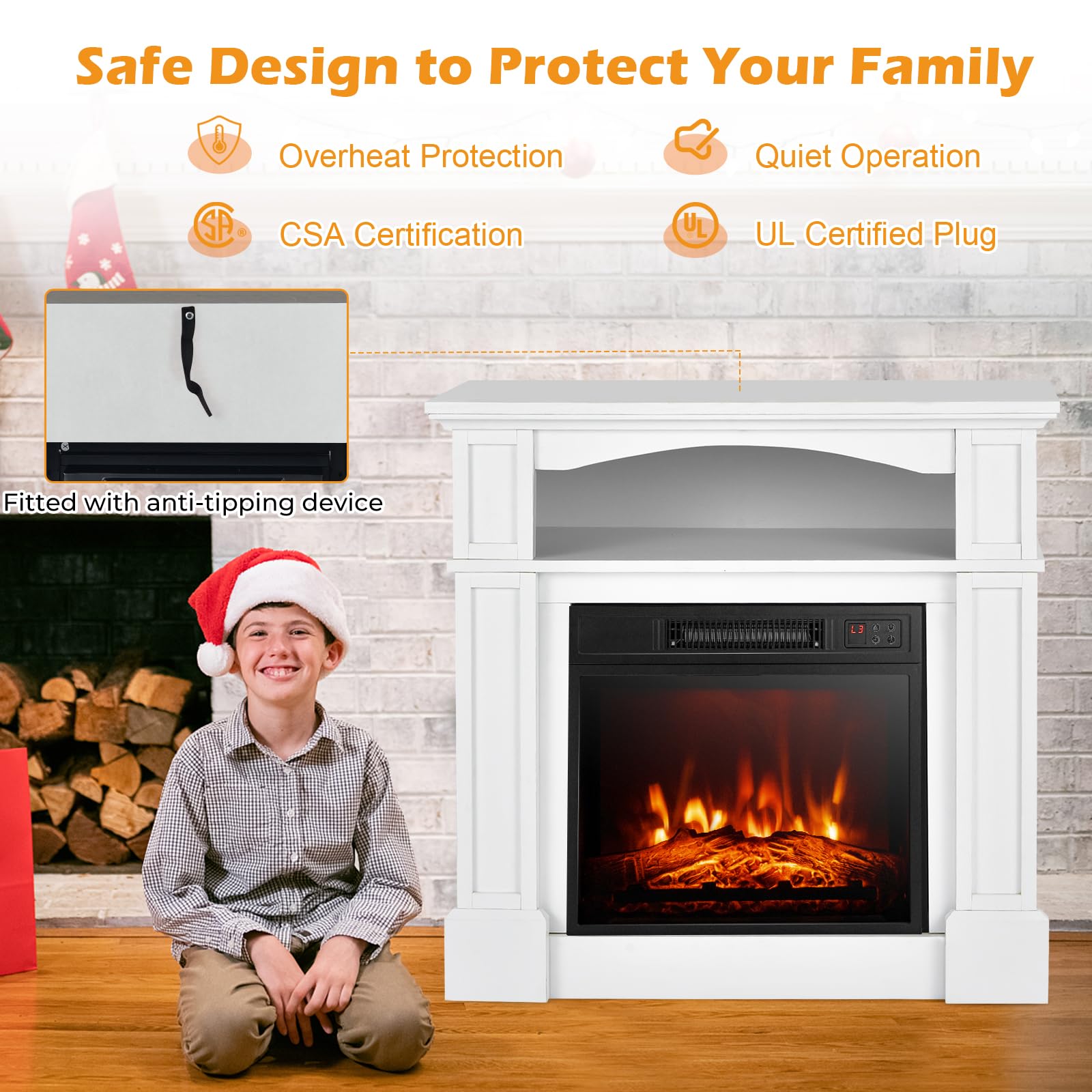 LDAILY 32" Electric Fireplace with Mantel, Freestanding Wooden Surround with 1400 W Fireplace Insert, 3D Realistic Flame, Remote Control, Overheating Safety System, Fireplace for Home RV, White