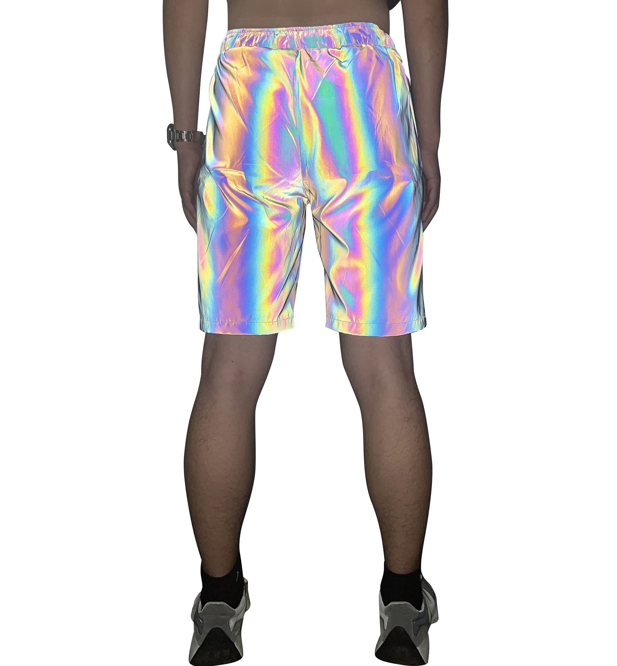 LZLRUN Rainbow Reflective Shorts Pants Men Fluorescent Trousers Casual Night Jogger (XL, Shorts)