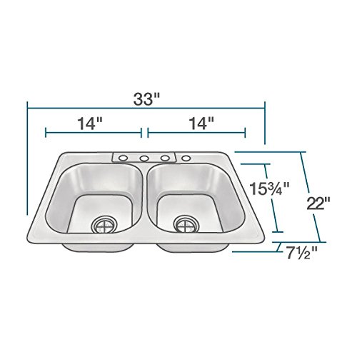 US1022T Topmount Double Equal Bowl Stainless Steel Sink, Ensemble