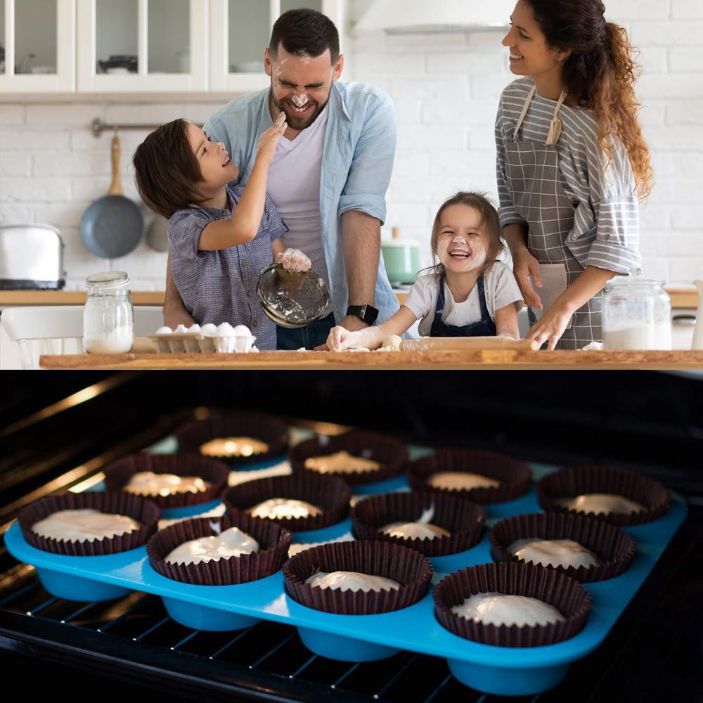 Silicone Muffin Pan Cupcake Set β Non-Stick 12 Cups and Mini 24 Cups,Silicone Baking Molds,BPA Free Muffin Tin with 1 Silicone Spatula & 1 Oil Brush (blue)