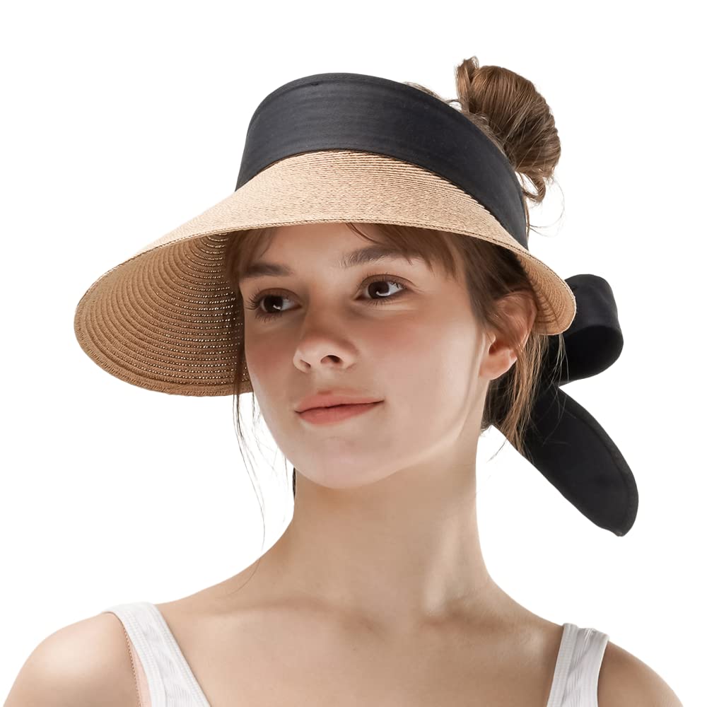 Naforet Womens Sun Hat Sun Visor Tie Back Straw Wide Brim Roll-up Sun Hat Adjustable Packable, Designed in Korea