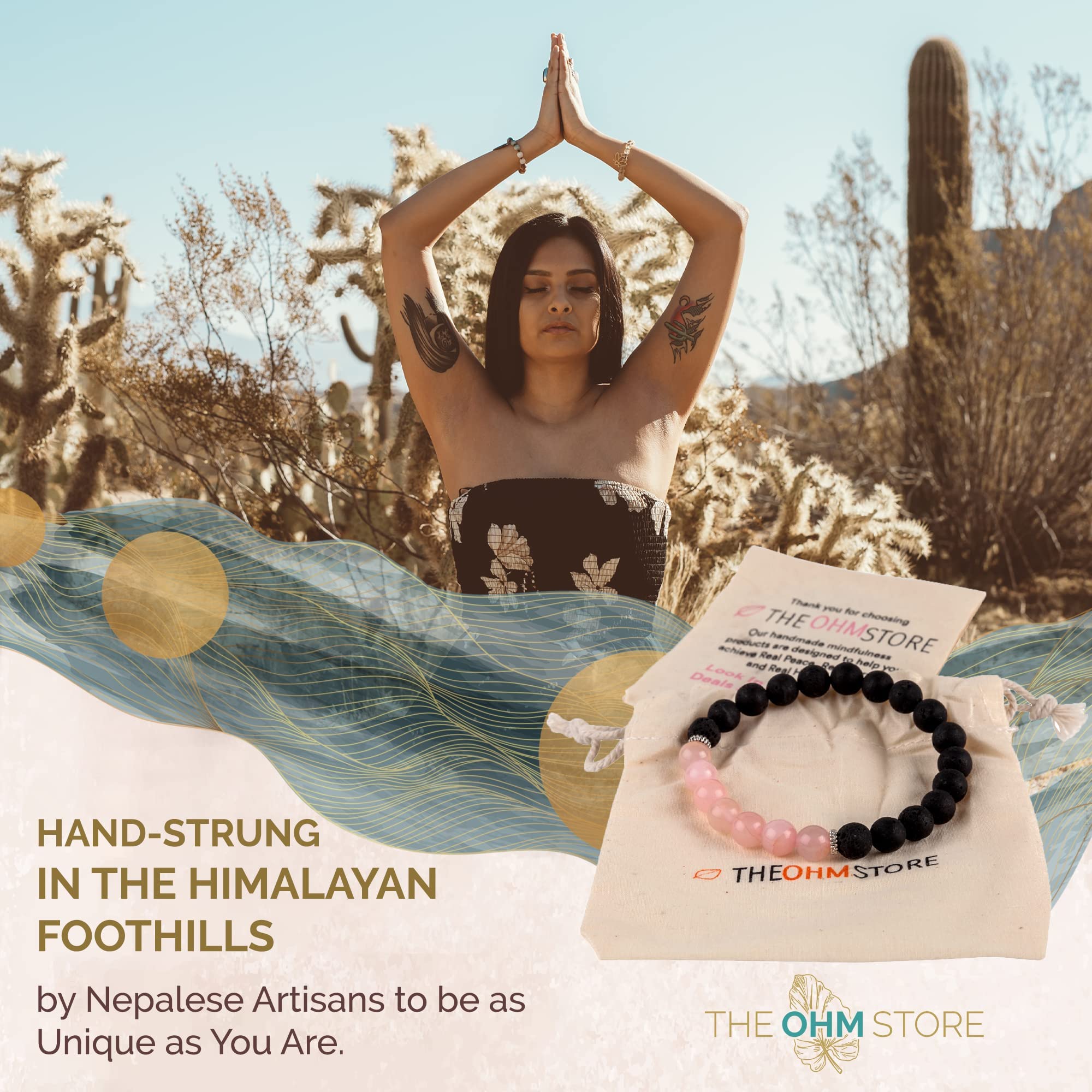 Ohm Store Lava Stone and Rose Quartz Bracelet for Women β Diffuser Bracelet for Essential Oils β Handmade Energy Bracelet for Meditation, Stress Relief and Mantra Bead Recitation