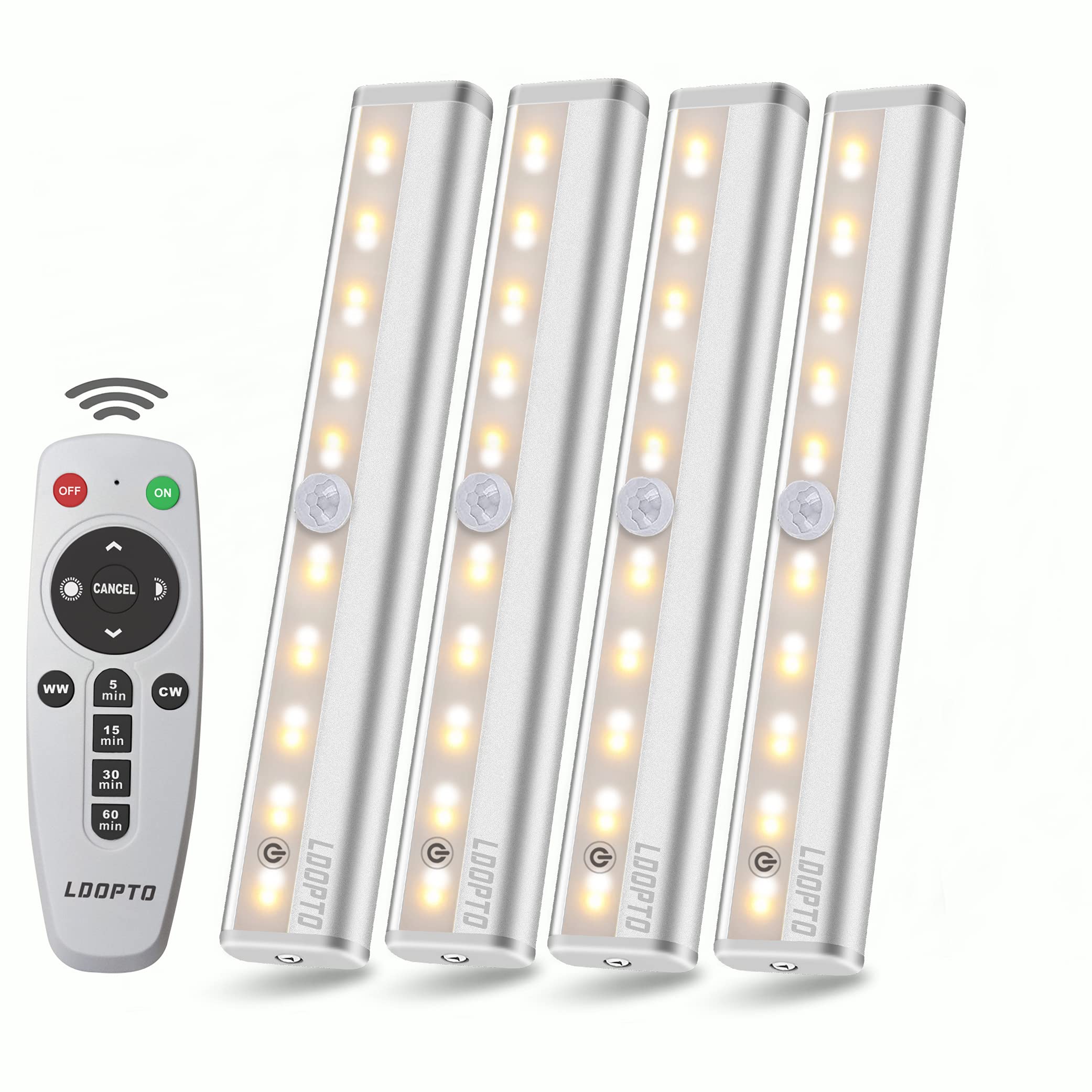LDOPTO Under Cabinet Lights Wireless Battery Operated LED Closet Lights Without Wiring Counter Stick on Lights with Remote Timer Dimmable for Kitchen Shelf Hallway Stairs, Multiple Colors 4 Pack