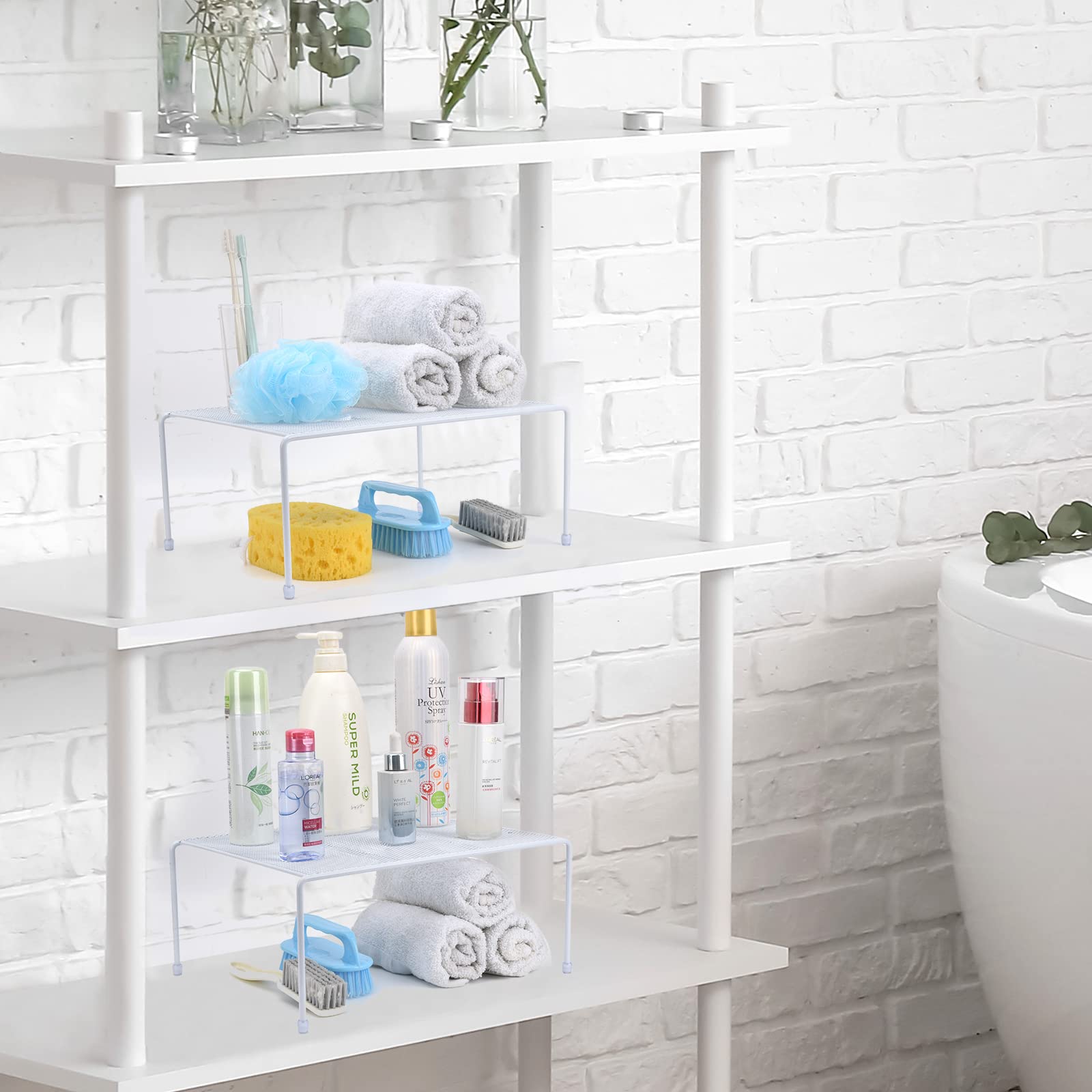 Set of 2 Mesh Kitchen Shelves Cabinet Storage Shelf Rack (13.1 x 10.2 Inch) ,Kitchen Bathroom Pantry Cupboard Desk Home Office, Fridge, Cabinet, Bathroom Cupboard, Non-Slip Plastic Feet (2, White)