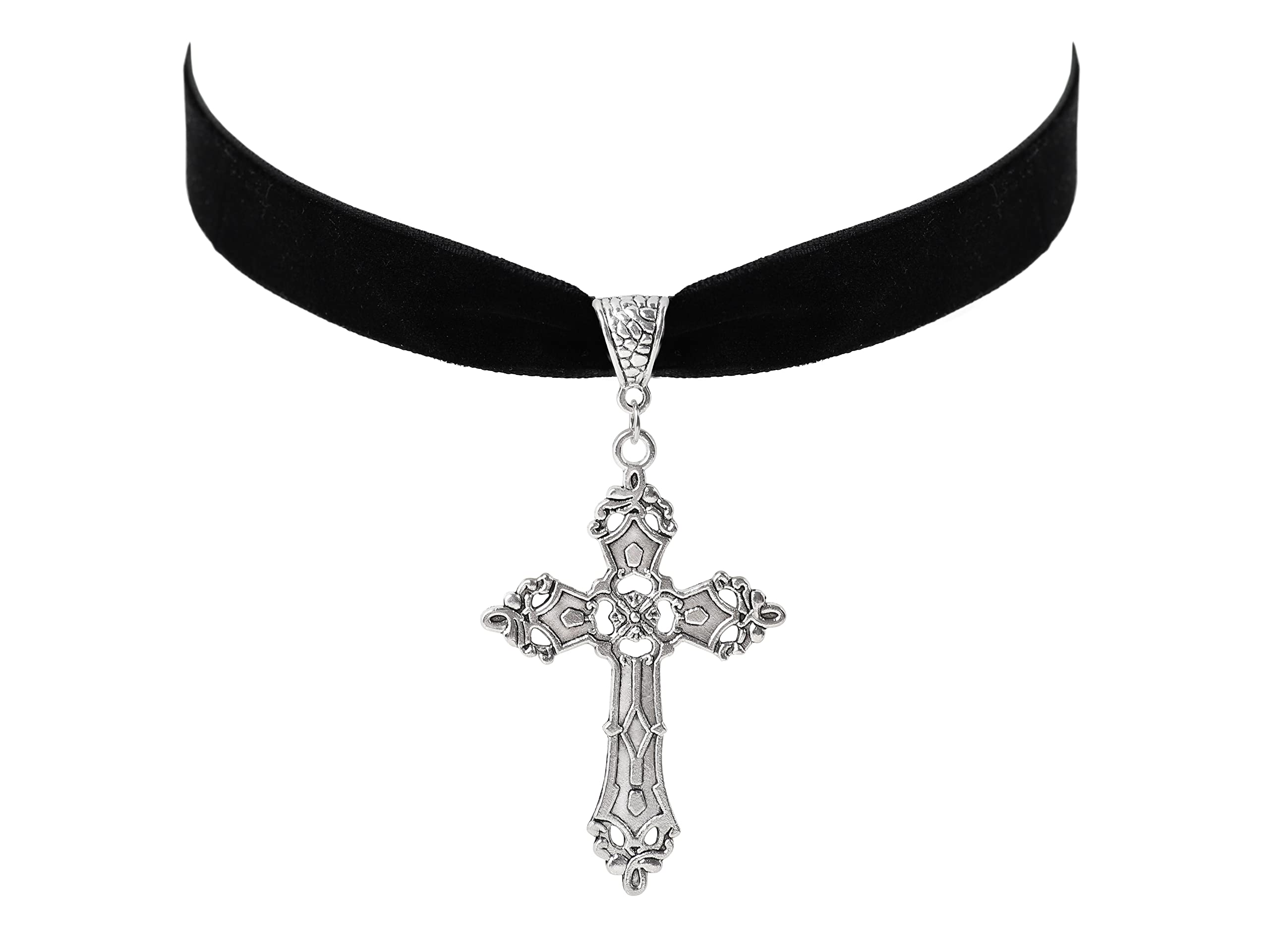 Sacina Gothic Cross Necklace, Zinc Alloy Black Cross Necklace, Halloween, Christmas Goth Jewelry Gift for Women (Silver Color Cross Choker)