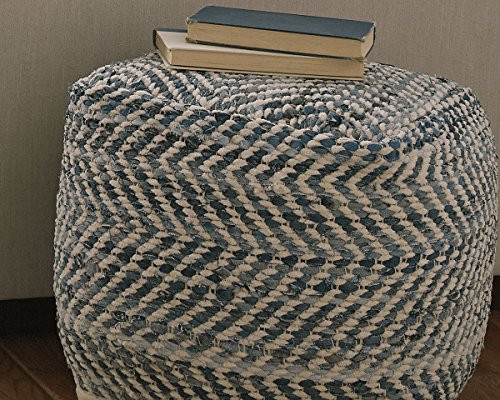 Signature Design by Ashley Chevron Handmade Woven Pouf 18 x 18, Blue and White