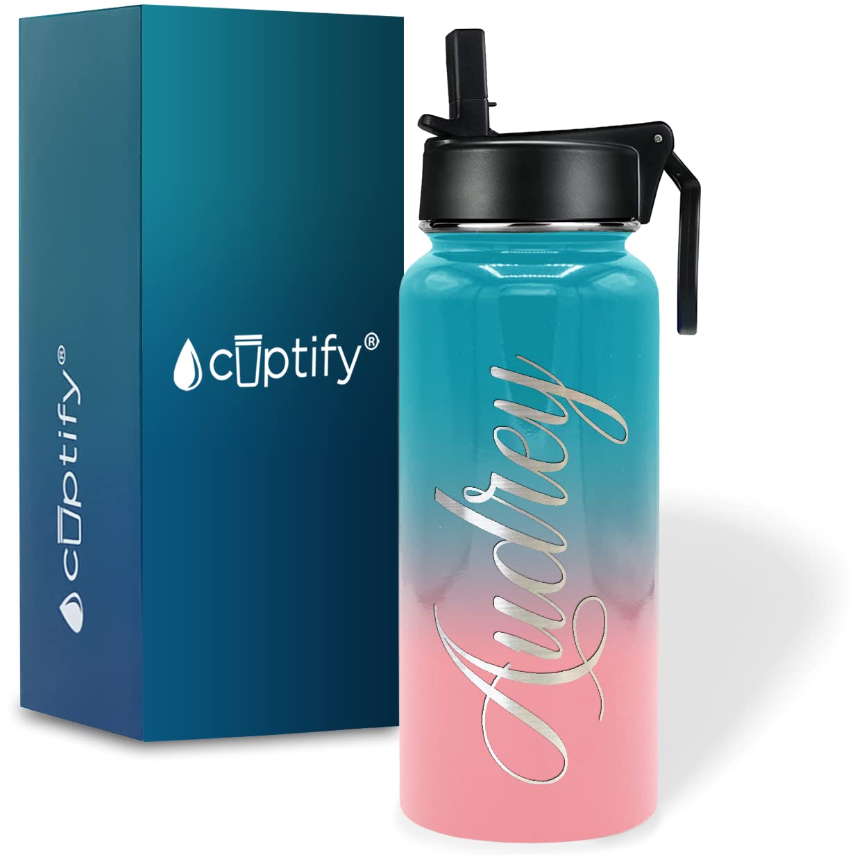 Personalized Water Bottle with Straw Lid on Cotton Candy Ombre for Gym Engraved Custom Women Name 32 oz Modern Insulated Stainless