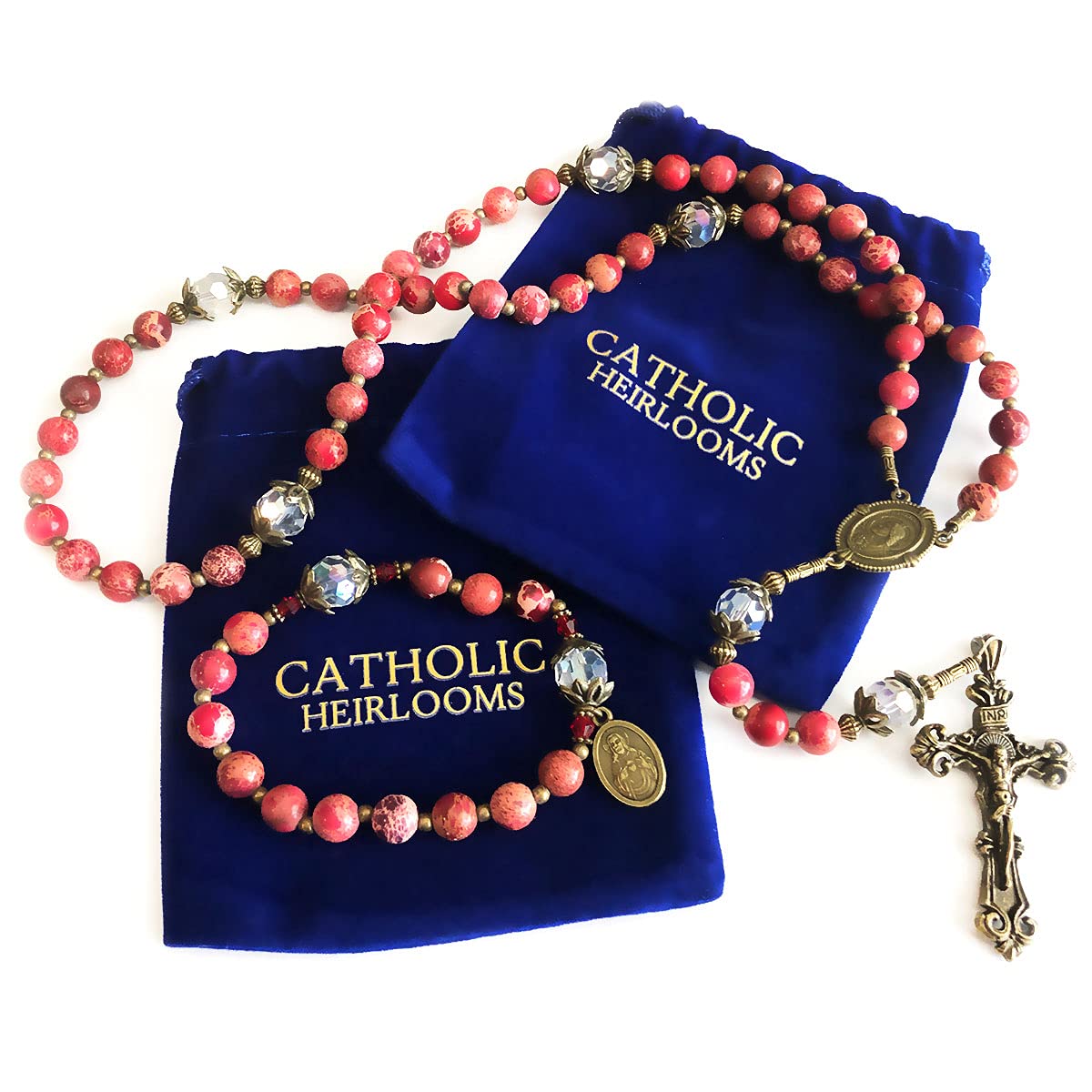 Sacred Heart of Jesus Stone and Crystal Rosary and Bracelet Deluxe Boxed Set