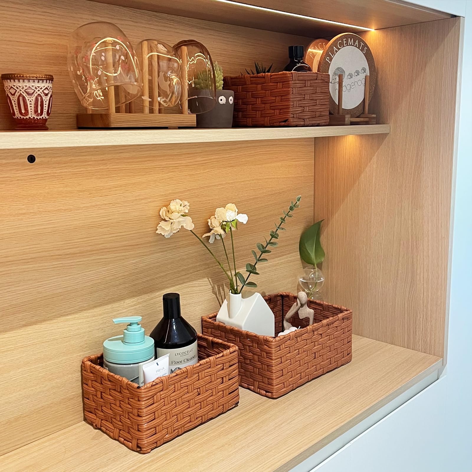 MaraFansie Wicker Storage Baskets Wicker Baskets for Shelves Recycled Plastic Storage Bin for Cupboards Drawer Closet Shelf, Waterproof Nesting Lined Caramel, Set of 3