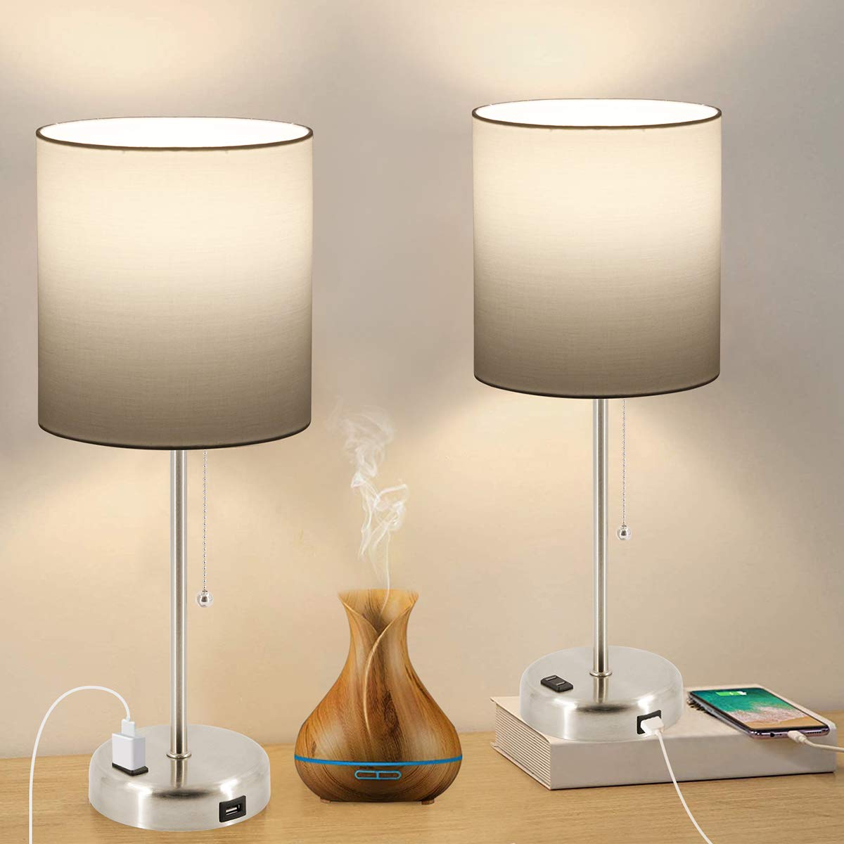 Kukobo Bedside Table Lamps for Bedroom Set of 2, 3 Color Temperature Nightstand Lamp for Living Room with USB Charging Port & AC Outlet, Pull Chain White Shade, 2 Blubs Included.