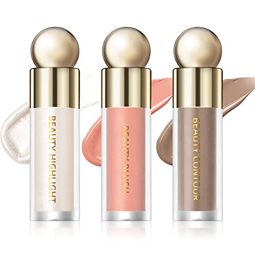 NewBang Liquid Blush Highlighter Contour Trio Set Cream Matte Blusher Rouge Rubor Dewy Cheek Tint Shimmer Glitter Luminizers Face Contouring Shading Bronzer Makeup Pen Moisturizing Blendable-3Pcs