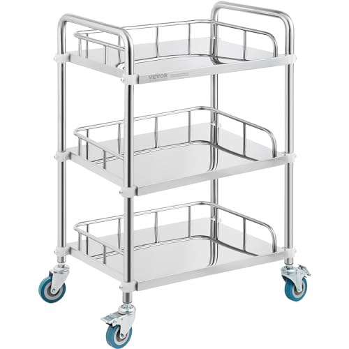 VEVOR Lab Rolling Cart, 3-Shelf Stainless Steel Rolling Cart, Lab Serving Cart with Swivel Casters, Dental Utility Cart for Clinic, Lab, Hospital, Salon, 26.38"x15.55"x34.13"