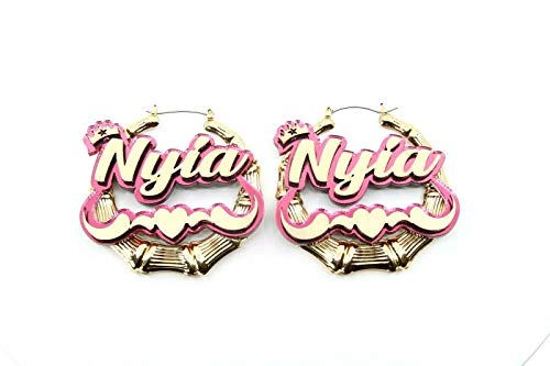 Name Necklace Plate Personalized Custom Nameplate and 1.5" Bamboo Gold Earrings With Swirls Heart and Crown on Top Jewelry Set Color Choice Laser Cut Gold Script Cursive Letters, Quality Gold Chain
