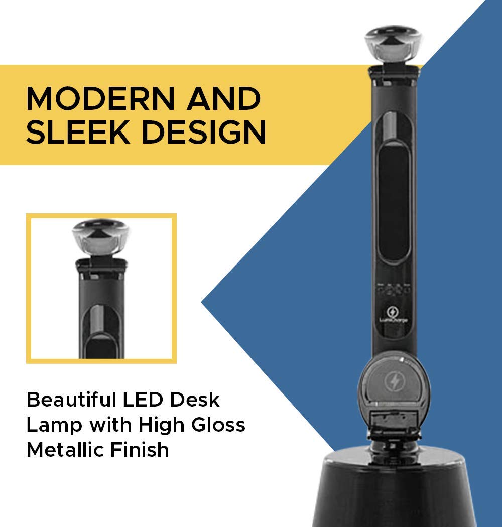 LumiCharge T2W- LED Desk Lamp,Bluetooth Speaker, Desk Lamp with Wireless Charger Compatible with iPhone, USB Charging Port, Table Lamp with Clock, Date, Temperature, Bedside lamp for Home Office