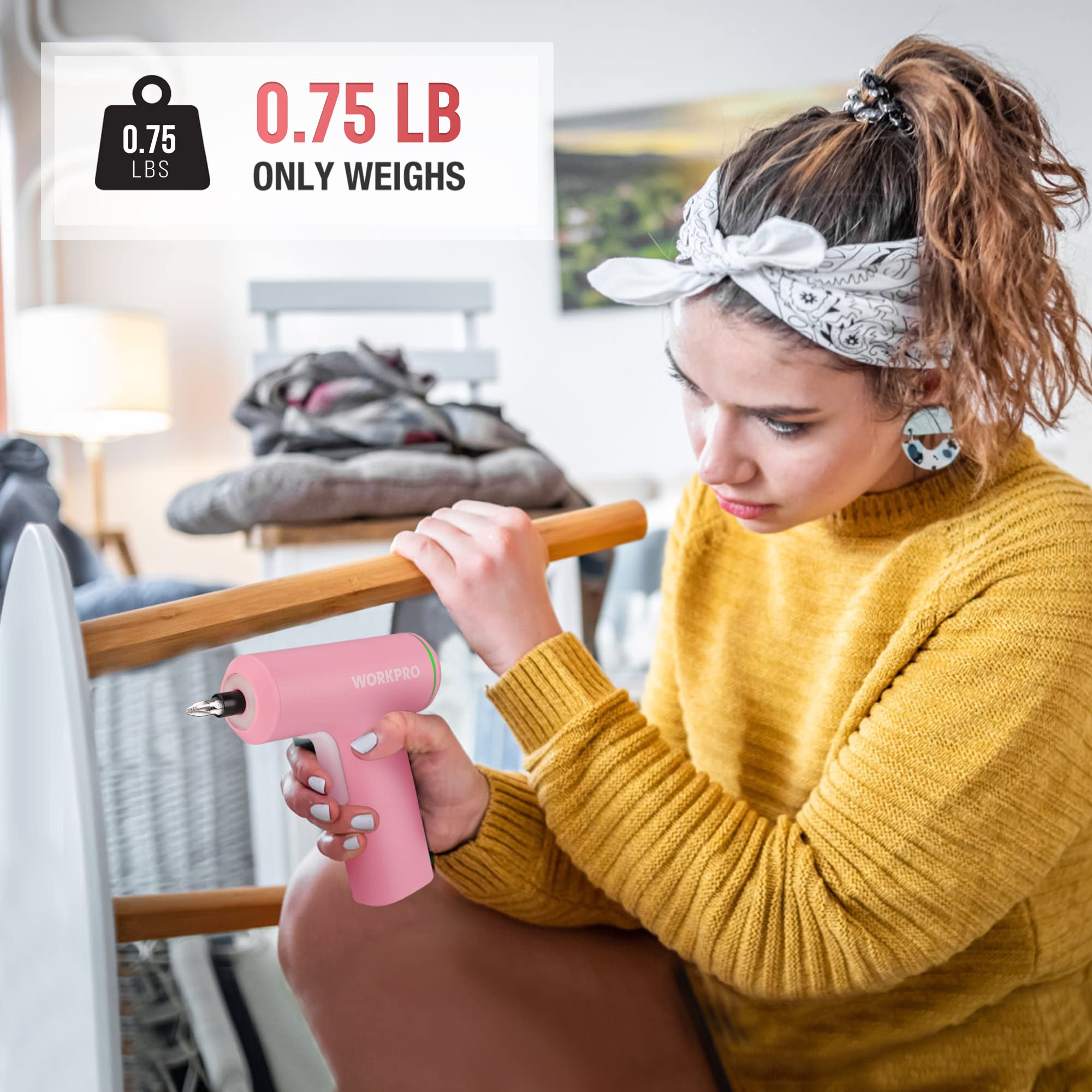 WORKPRO Electric Cordless Screwdriver Set, 4V USB Rechargeable Lithium-ion Battery Power Screwdriver Kit with LED Light, Screw Gun with 28pcs Accessories for Home, Office, Apartment Repair - Pink