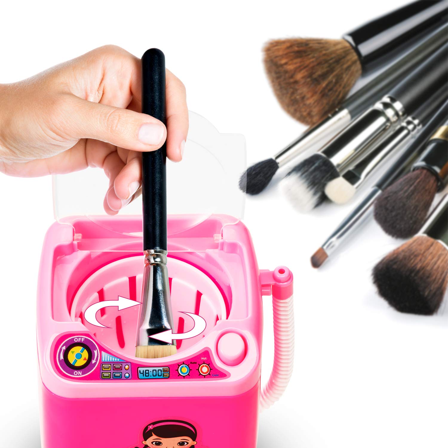 Makeup Washing Machine,2 Pieces Automatic Mini Washing Machine Toy Brushes Cleaner Device,Electronic Powder Puff Deep Clean Machine Washing Tools,Mini Toy(Black and Pink)