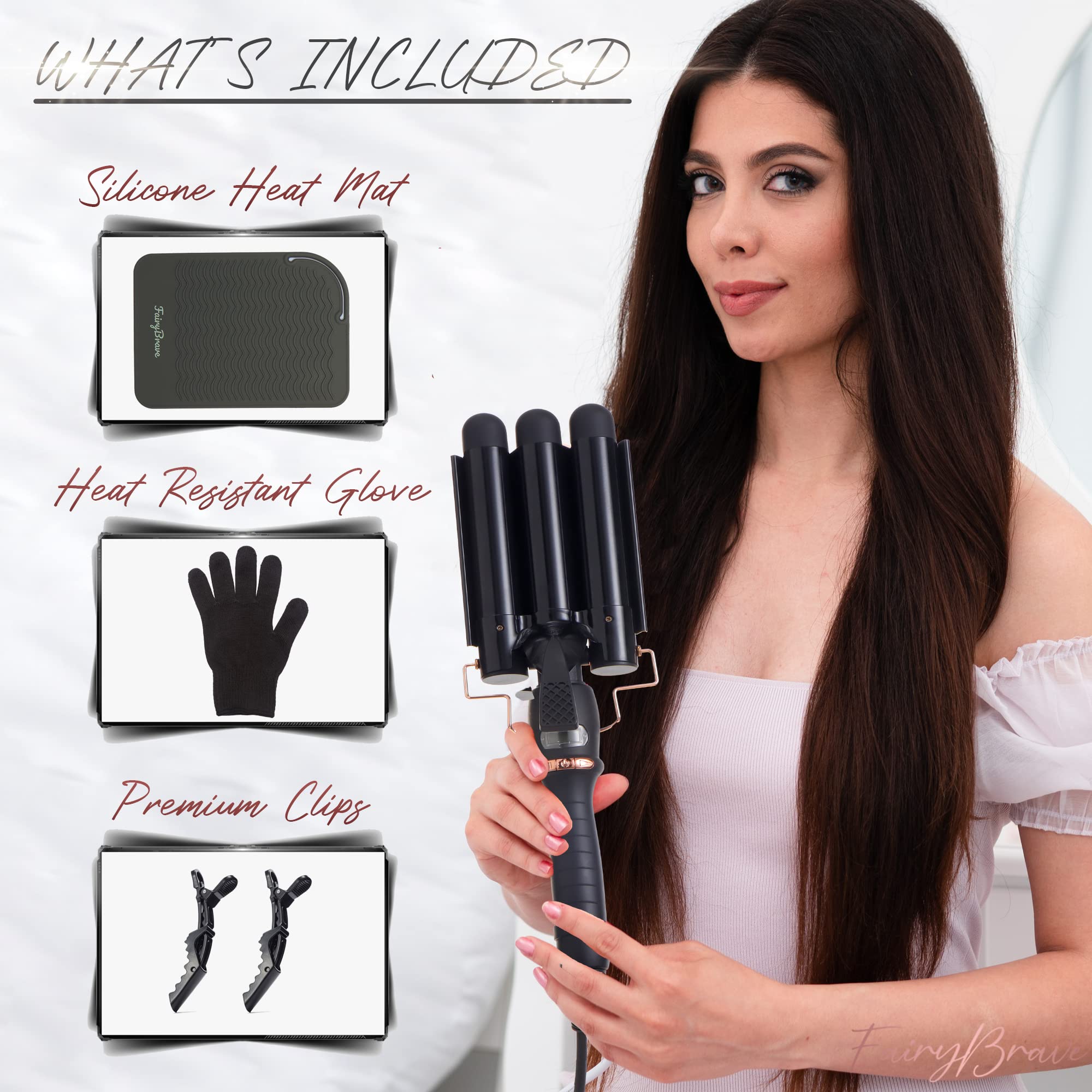 Large 3 Barrel Curling Iron, Triple Hair Waver & Crimper Wand for Beach Waves, Ceramic Tourmaline with Adjustable Temperature - Glam Waver, Black