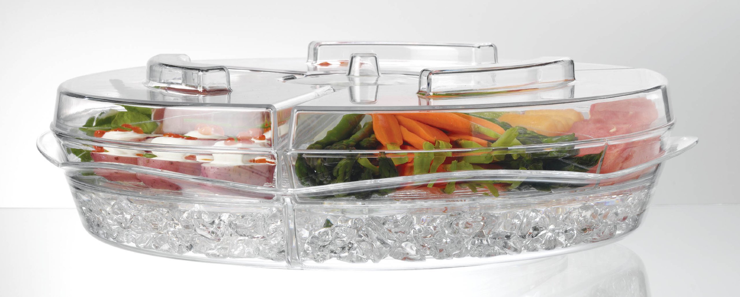 Prodyne Appetizers on Ice with Lids, 16", Clear and Prodyne Bowl, ICED Salad-4 Qt, Off-White