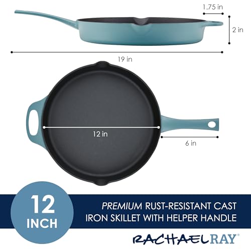 Rachael Ray NITRO Cast Iron Frying Pan/Skillet with Helper Handle and Pour Spouts, 12 Inch, Agave Blue