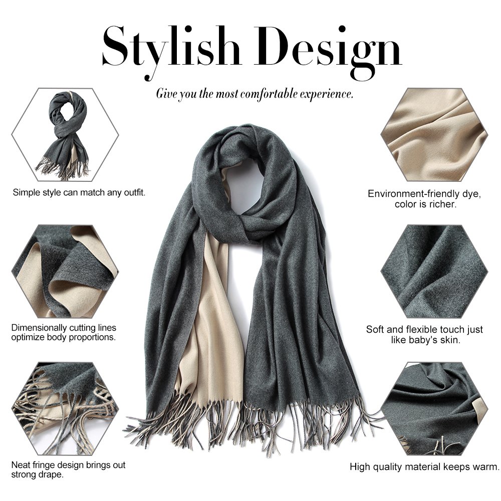 maamgic Women's Scarf Pashmina Shawls and Wraps for Evening Dresses Travel Office Winter Wedding Cashmere Feel Long Reversible Scarves Dark Grey and Cream