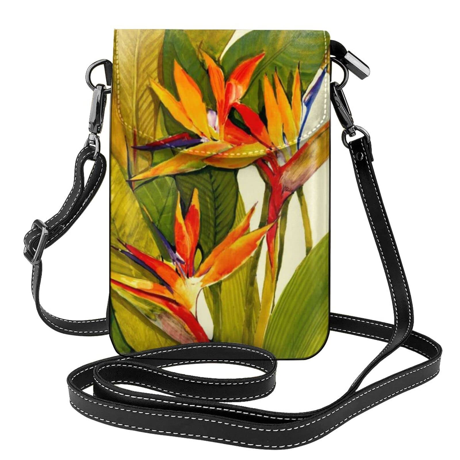 Small Tropical Bird Of Paradise Cell Phone Purse For Women Lightweight Crossbody Bags,Women Pu Leather Multicolor Handbag With Adjustable Strap.