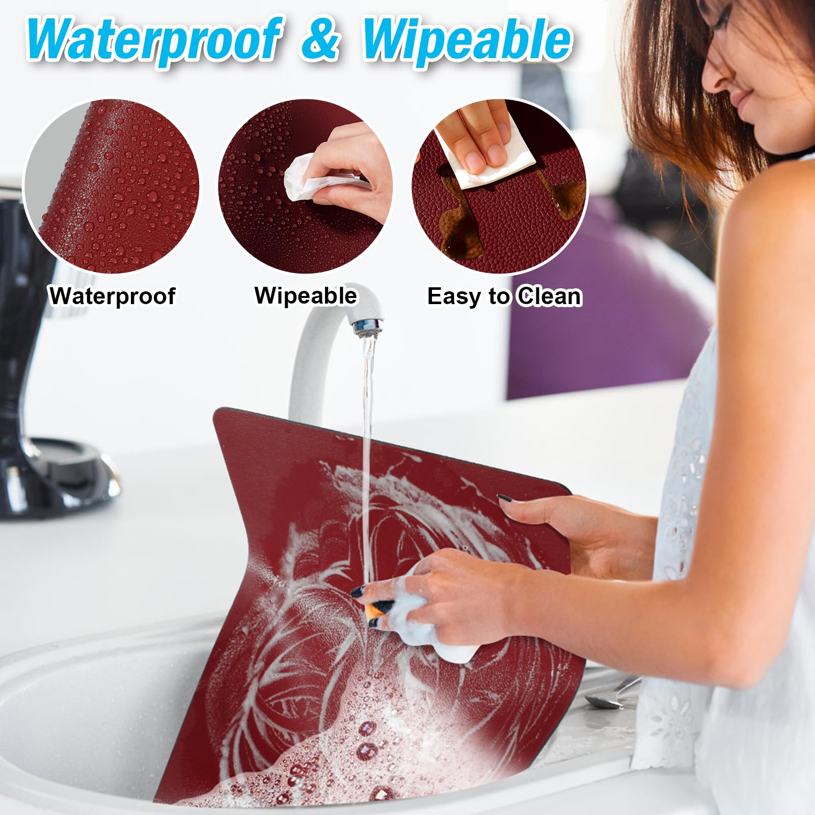 PARYEAH Faux Leather Placemats Set of 6, Two-Sided placemat with Coaster Heat Resistant Placemats for Dining Table Waterproof Wipeable Washable Table Mats (Red & Grey, Set of 6)