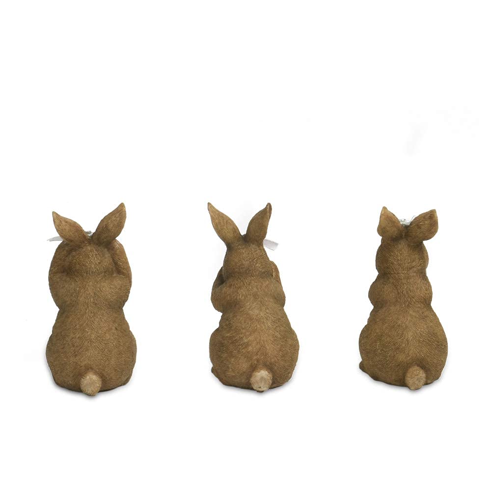 Newman House Studio Bunny Decor Home Rabbit Statue - Easter Decorations Hear See Speak No Evil Bunny Figurines 3pc Brown Ears with Bows Desk Table Shelf Decor Accents for Home 3 x 2.25 x 4.5 Inch