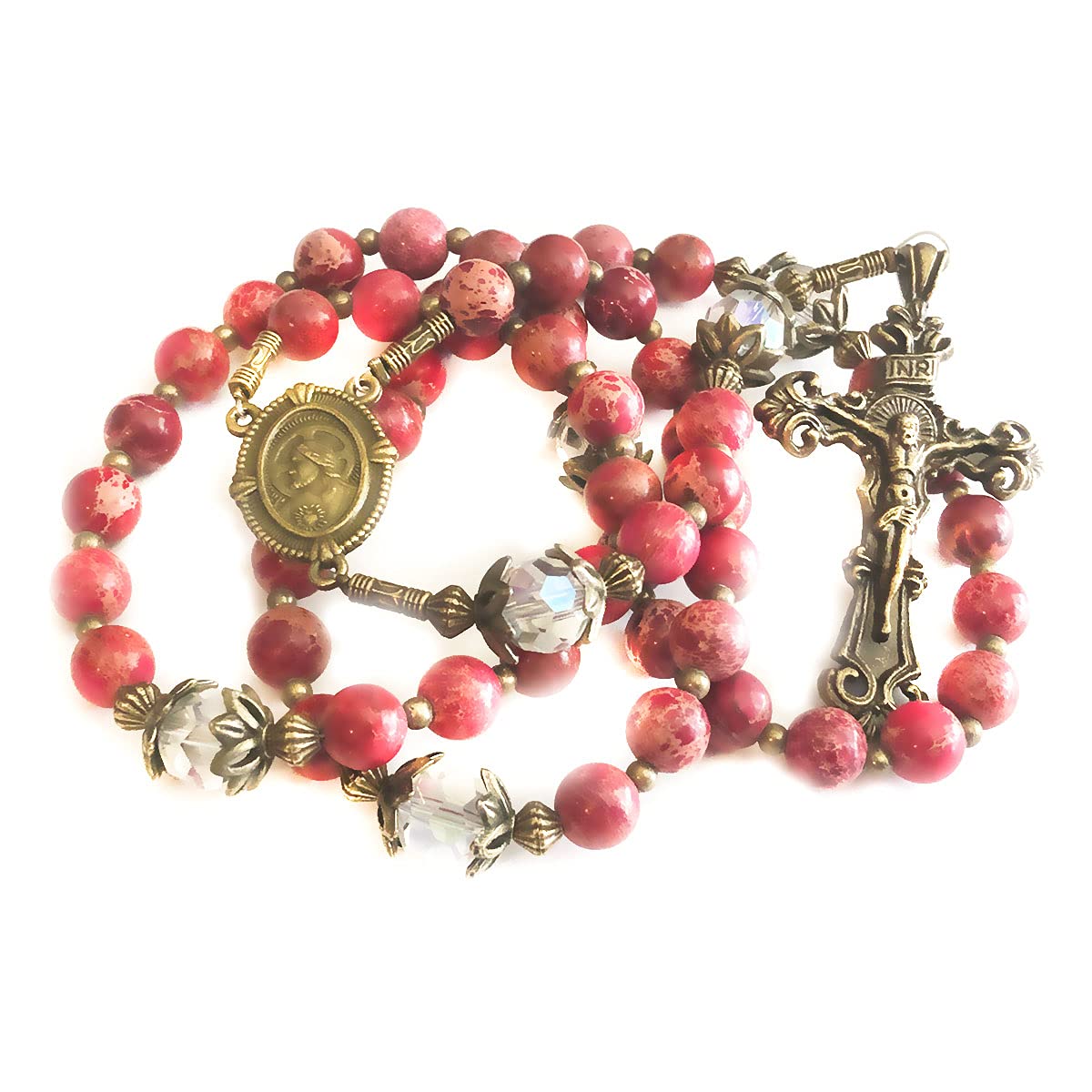 Sacred Heart of Jesus Stone and Crystal Rosary and Bracelet Deluxe Boxed Set