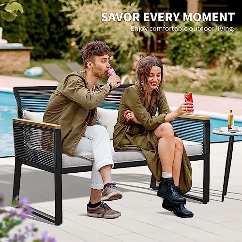 YITAHOME Patio Furniture Wicker Outdoor Loveseat, Rattan Conversation Loveseat for Backyard, Balcony and Deck with Wooden Armrest, Off-White Cushions (Black)