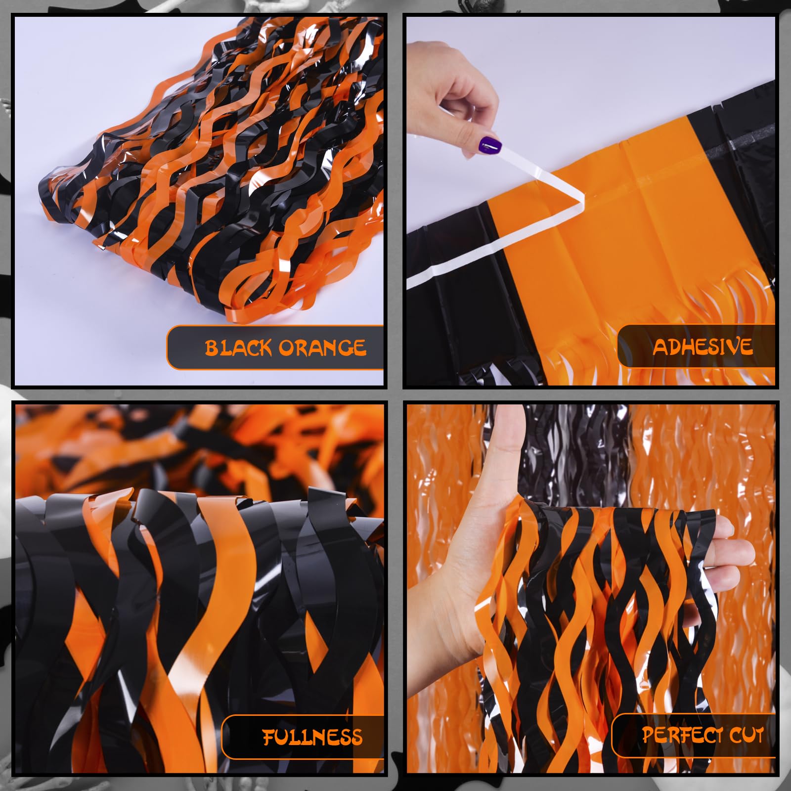 Mega-L Halloween Foil Fringe Curtains, 3 Pack Orange Black Photo Booth Props, 18 Pcs PVC Bat and Spider Stickers Decals Wall Decor Halloween Photo Backdrop for Halloween Party Decoration