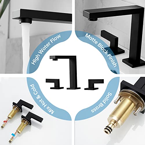 RUMOSE 8 inch Widespread Matte Black Bathroom Faucets for Sink 3 Hole Brass 2 Handle Lavatory Square Faucet Modern rv Bathroom Faucets