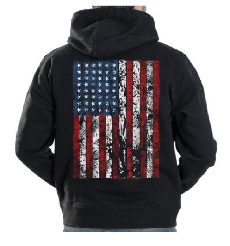 Lucky Ride American Flag Mens Sweatshirt United States USA Tattered Flag Hoodie, Black, S