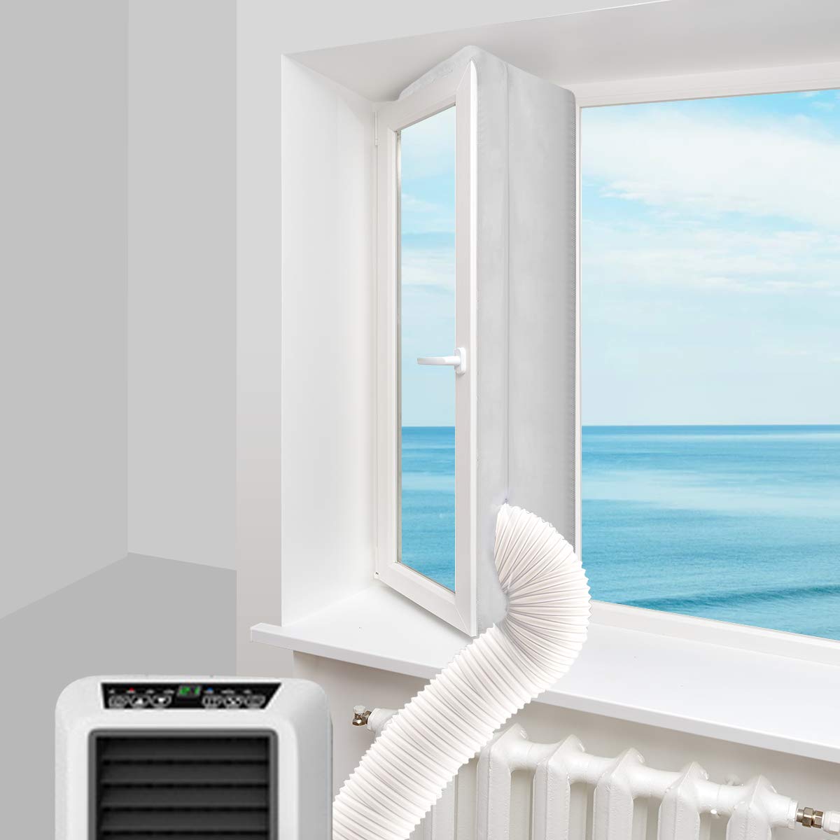 Luxiv 158" Window Seal Kit for Portable Air-Conditioner with Zip and Adhesive Fastener White Airlock Sliding Window Seal Cloth for Mobile AC (158in / 400cm)