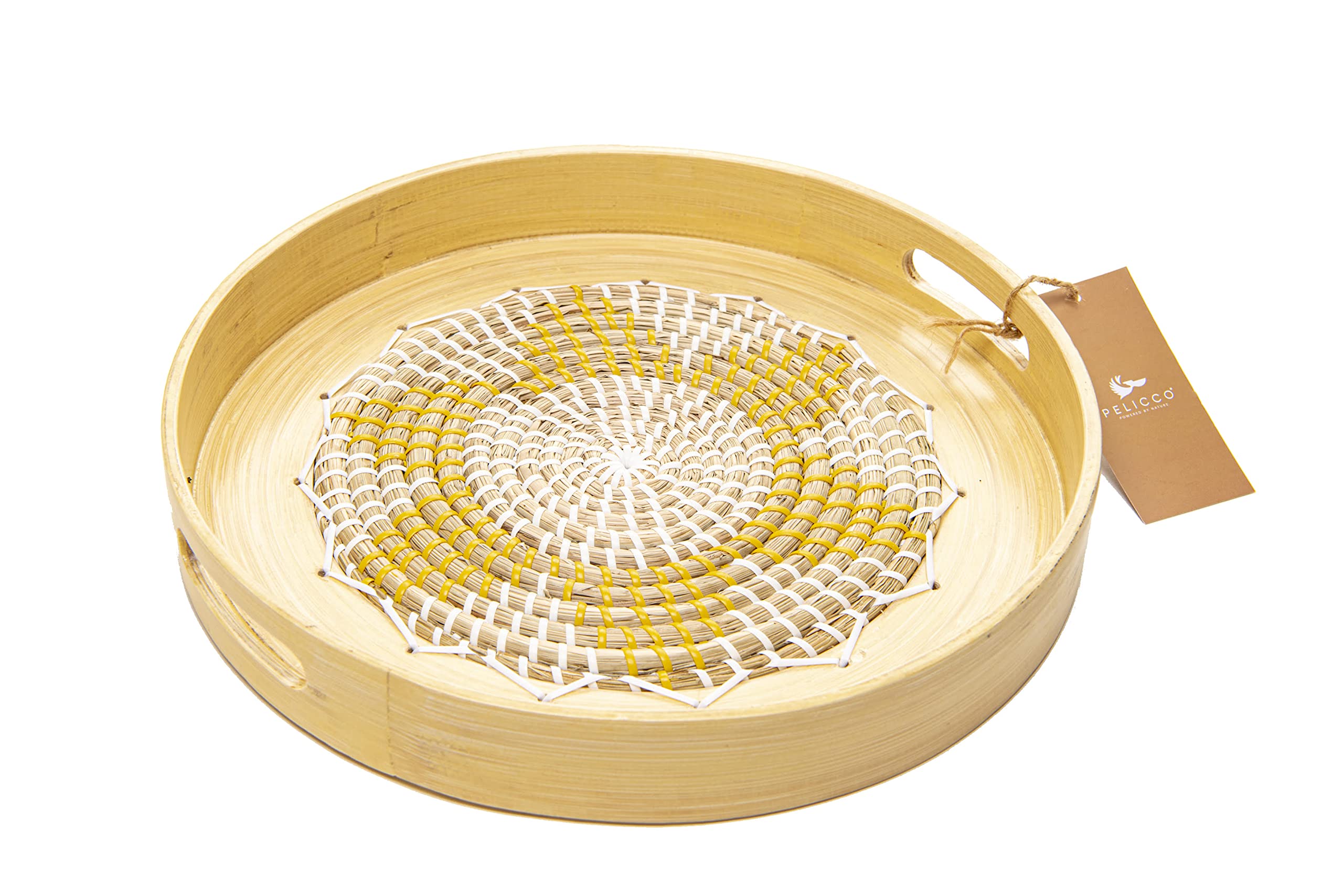 Round seagrass woven tray with handles, bamboo and seagrass tray, handmade decorative tray for table counter piece, coffee table and breakfast tray, wicker fruit basket, , hanging wall basket(14 inch)